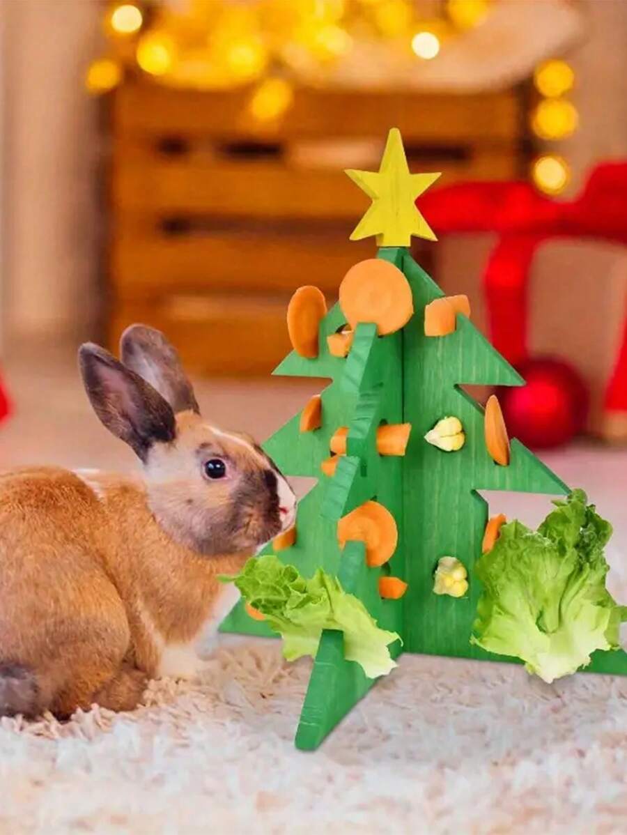 Easy To Install Wooden Christmas Tree Forage Toy For Rabbits, Guinea ...