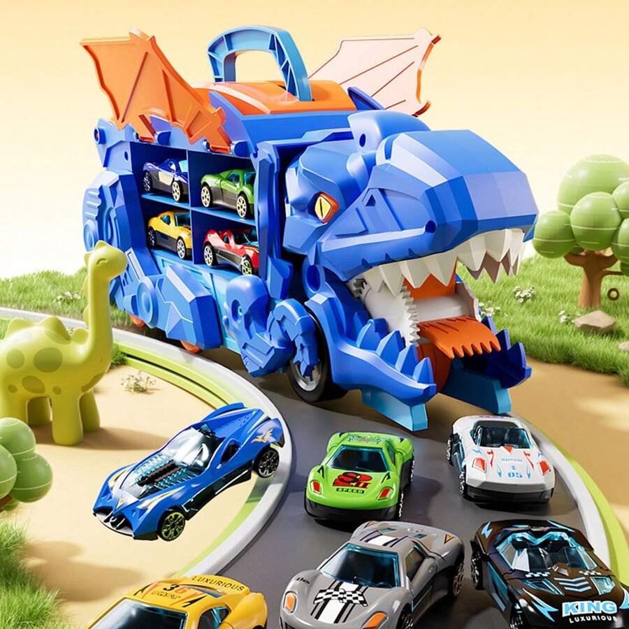 Dinossauro infantil devorando armazenamento de carros, expulsão, deslizamento, transporte, pista ...