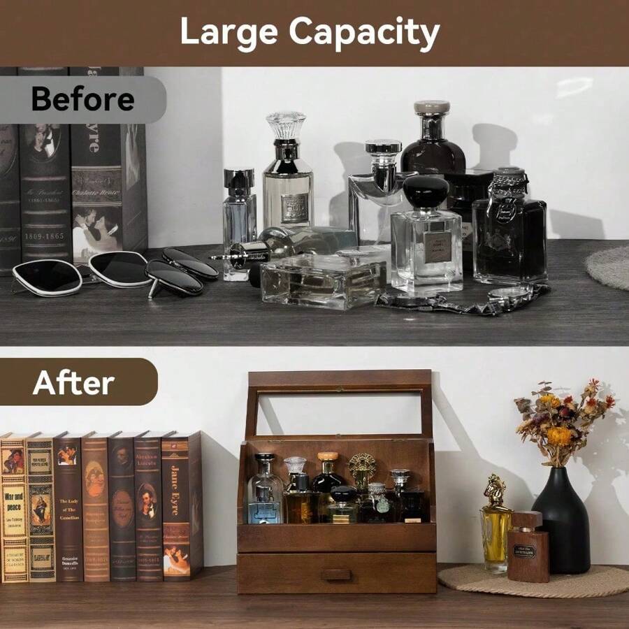 Cologne Organizer For Men, Wood Perfume Organizer Storage With Drawer ...