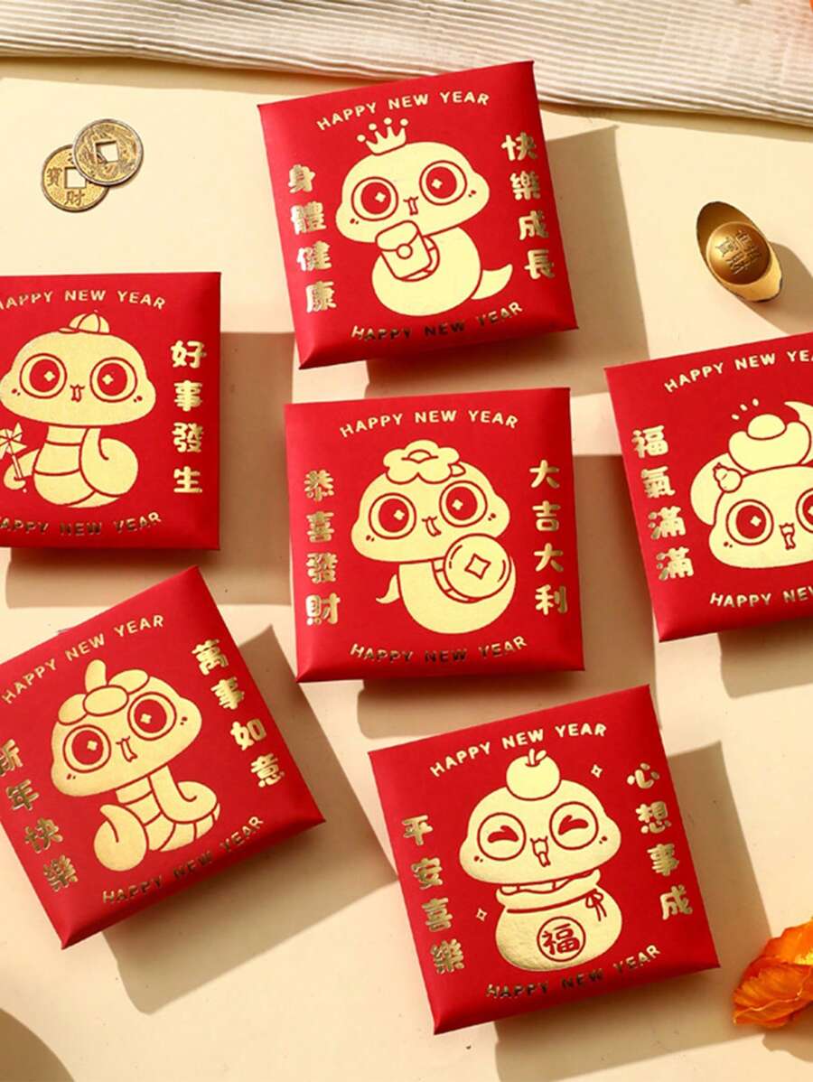 6pcs Chinese New Year Red Envelopes, 2025 Year Of The Snake Lucky Money ...