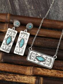1 Pair Earrings & 1 Necklace, Vintage Western Style Engraved Inlaid ...