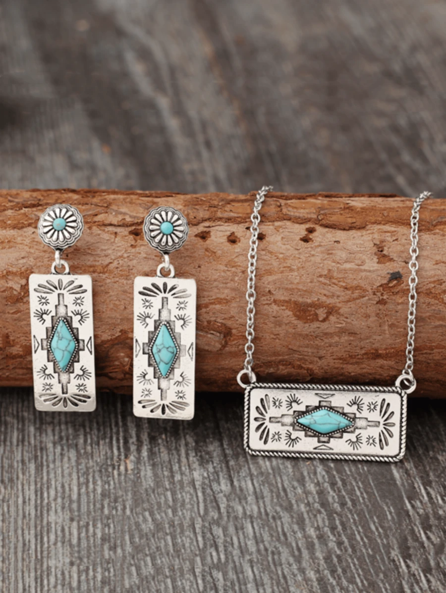 1 Pair Earrings & 1 Necklace, Vintage Western Style Engraved Inlaid ...