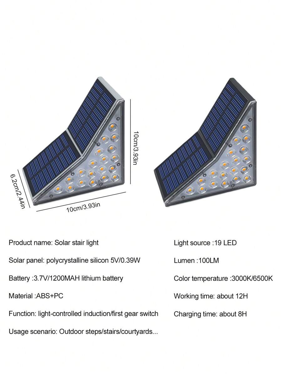 1pc New Solar Powered Stair Light, 2 Solar Panels Charging, 19 LED Beads, Sunlight Sensor ...