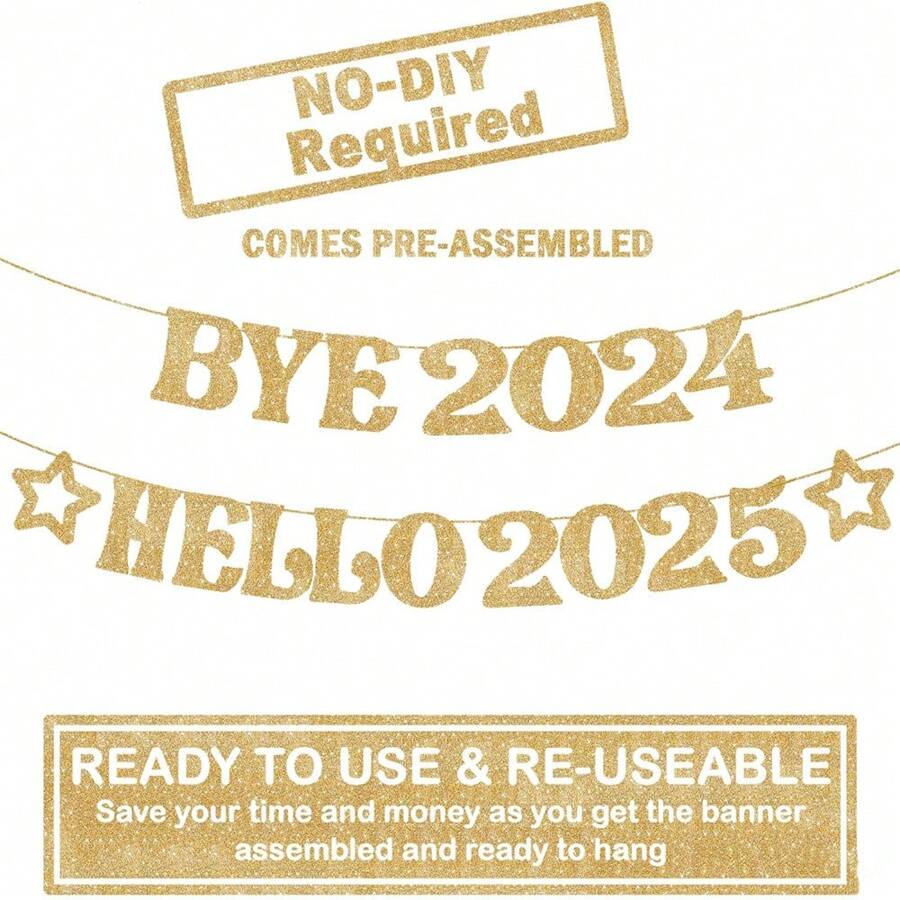 Gold Glitter Bye 2024 Olá 2025 Banner - Sem DIY Feliz Ano Novo Banner ...