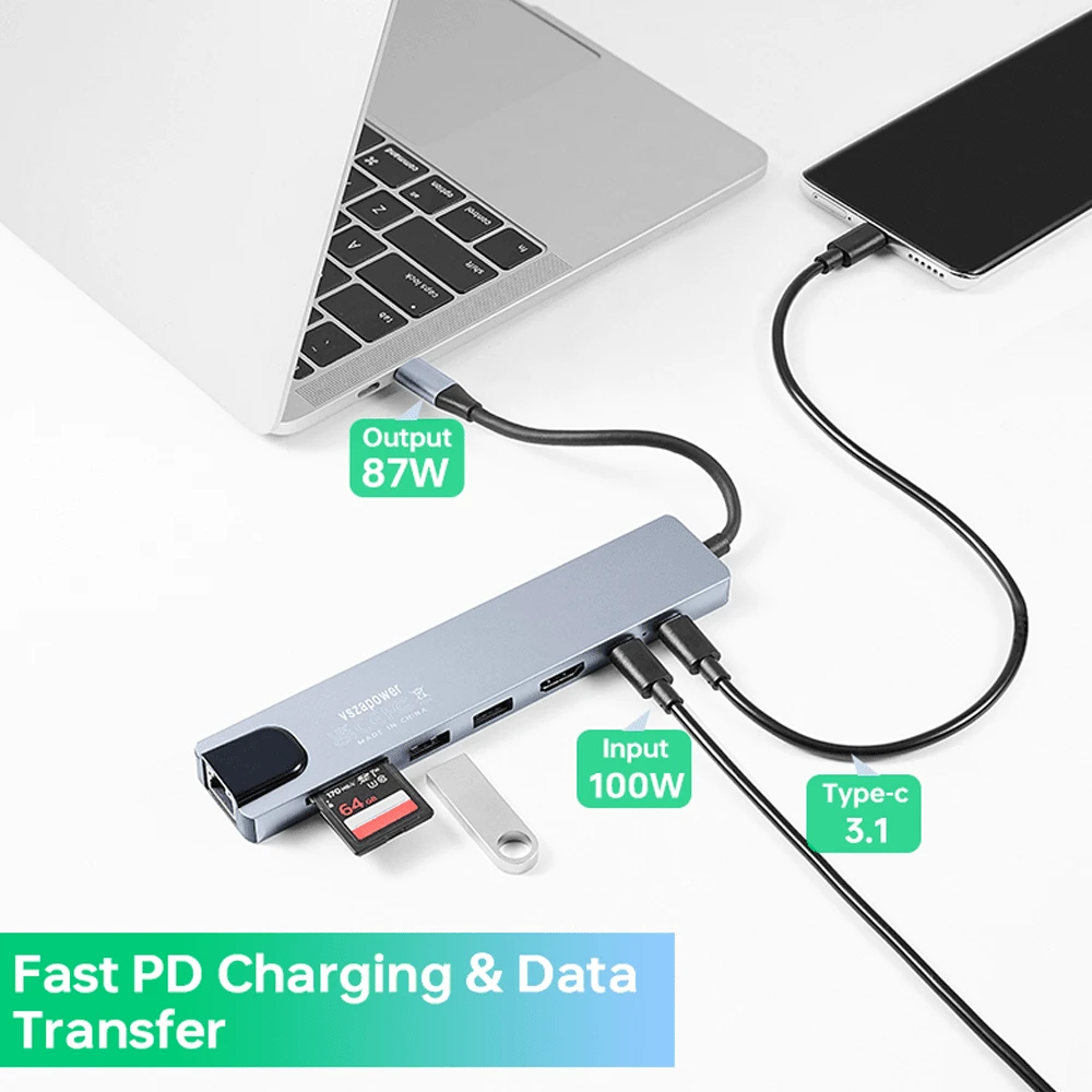 8-In-1 Adapter With Ethernet Port + HDTV + Multi-Card Reader, USB-C To ...