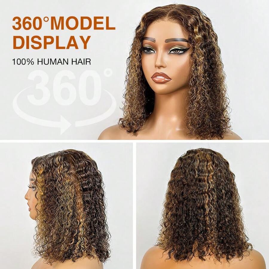Perruque dentelle avant Wig Ombre Cheveux Humains Highlight Bouclés Bob ...