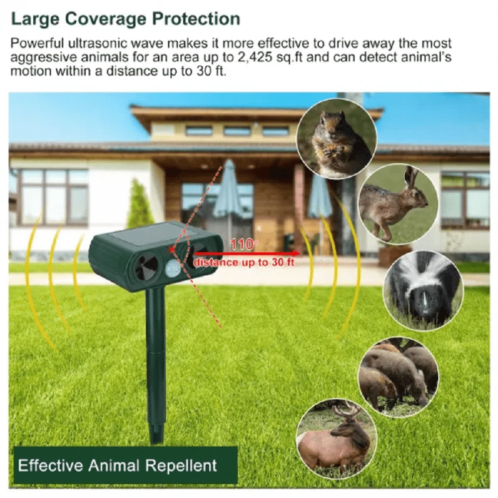 Ultrasonic Animal Repeller Solar Powered Motion Sensor Repellent IPX4 ...