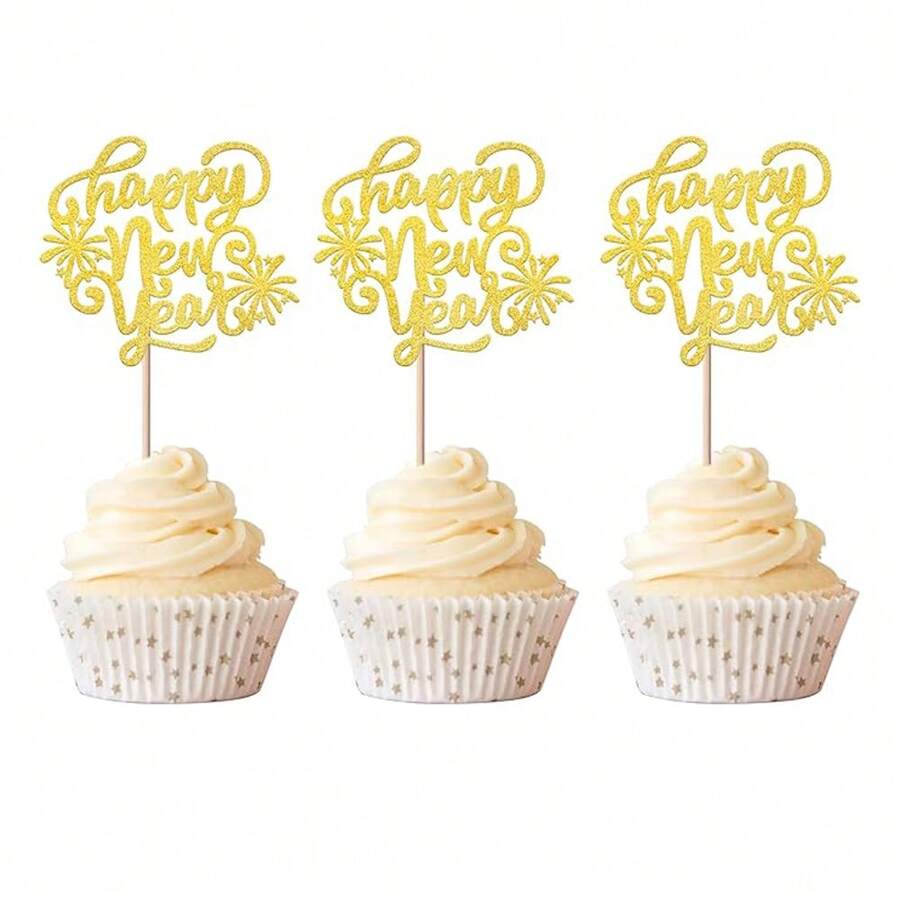 24pcs 2025 Happy New Year Cupcake Toppers Gold Glitter Fireworks Hello ...