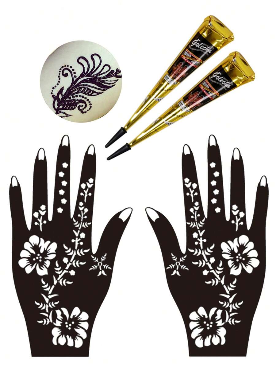 2 Pcs Henna Tattoo Paste + 2 Pcs Hollow Hands Stencil Combo Set, Floral ...
