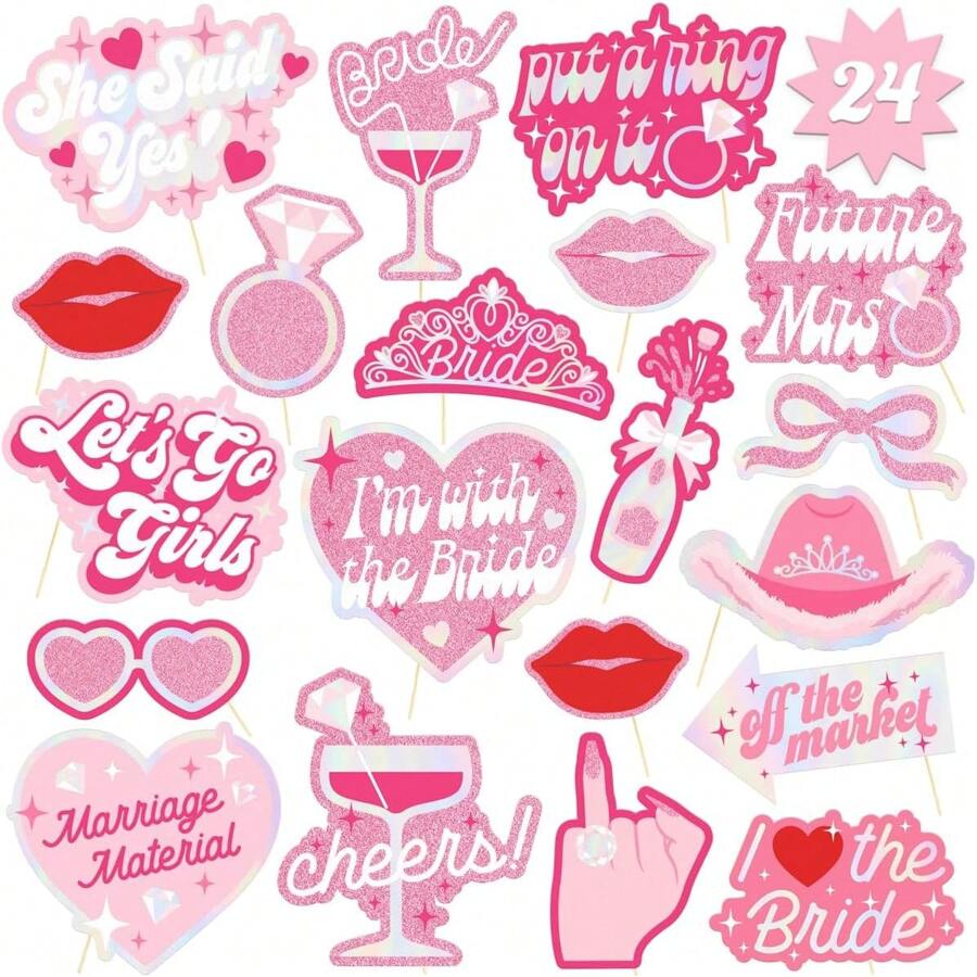 Bachelorette Photo Booth Props - 24 Pieces, Hot Pink Princess Photo ... Bachelorette Photo Booth Props - 24 Pieces, Hot Pink Princess Photo ...