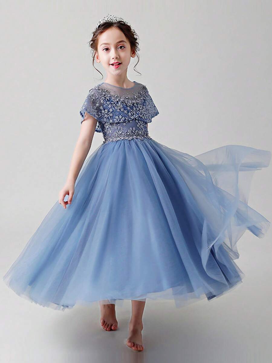 Tween Girl Blue Lace Wedding Party Princess Pageant Evening Dress Stage ...