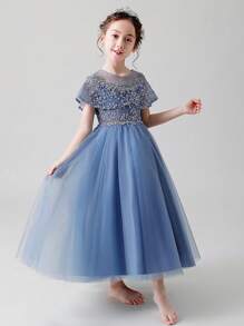 Tween Girl Blue Lace Wedding Party Princess Pageant Evening Dress Stage ...