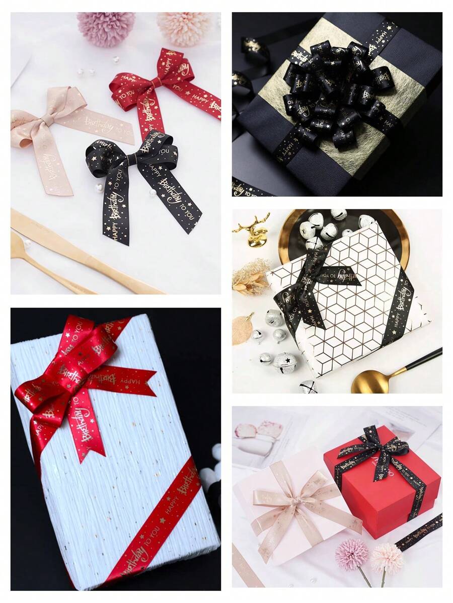 1 Roll Metallic Happy Birthday Ribbons, Red, Beige, Black - Gift, Cake ...