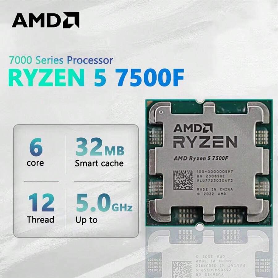 AMD Ryzen 5 7500F R5 7500F CPU 6 แกน 12 เธรด 3.7GHz 5nm แคช L3=32M Socket AM5 ซีพียูใหม่แต่ไม่มี ...