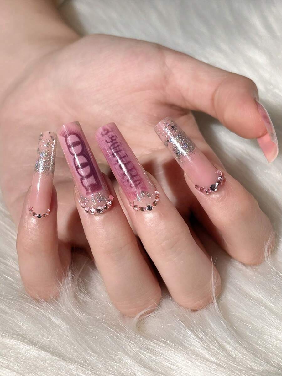 24 PCS XXL Rectangular Fake Nails Pink Character 3D Rhinestone ...
