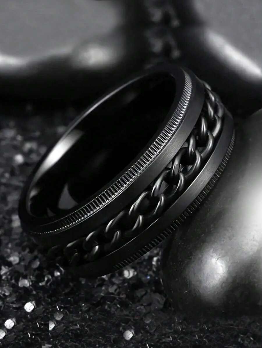 4pcs/Set Black Titanium Steel Rotatable Rings, Unisex Chain Spin Rings ...