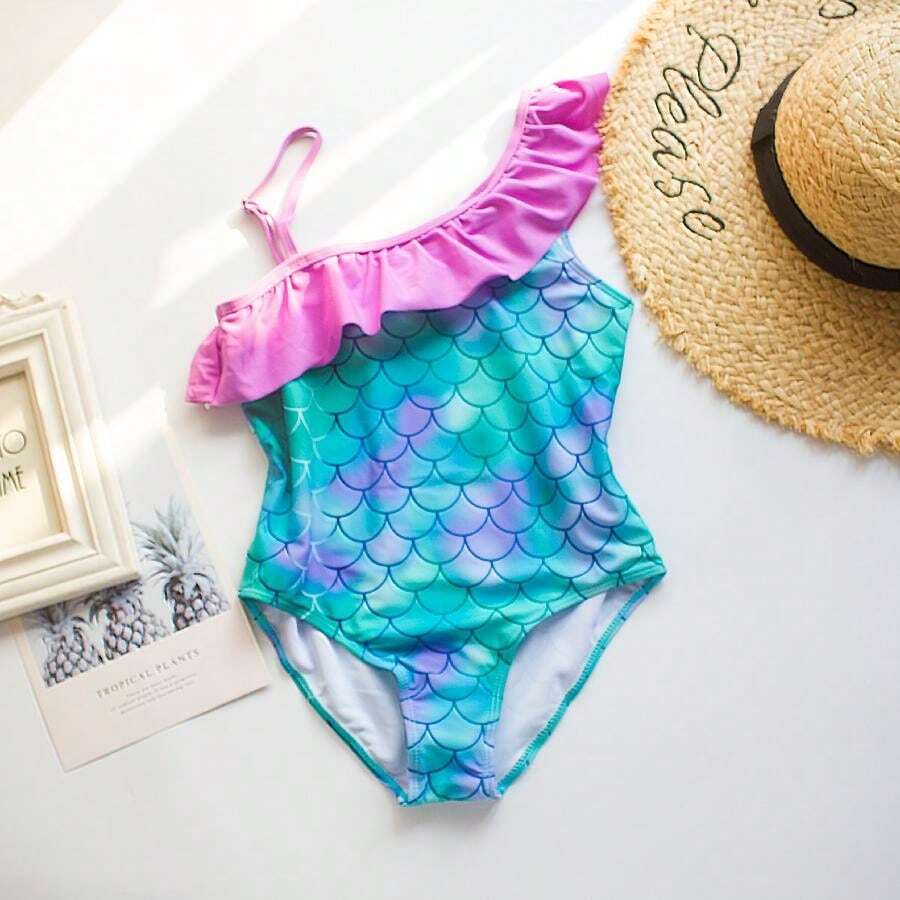 1pc Fish Scale Print One-Piece Swimsuit For Tween Girl, Contrast Color ...