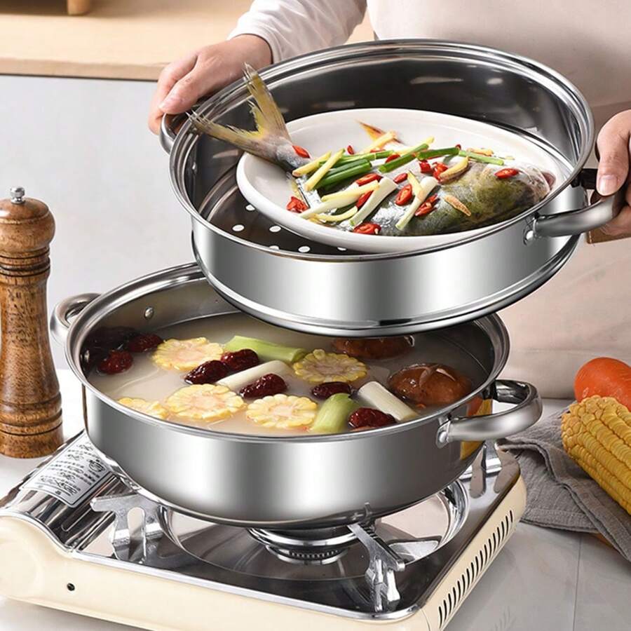 1pc Extra-Large Stainless Steel Double-Layer Steamer Set With Glass Lid ...