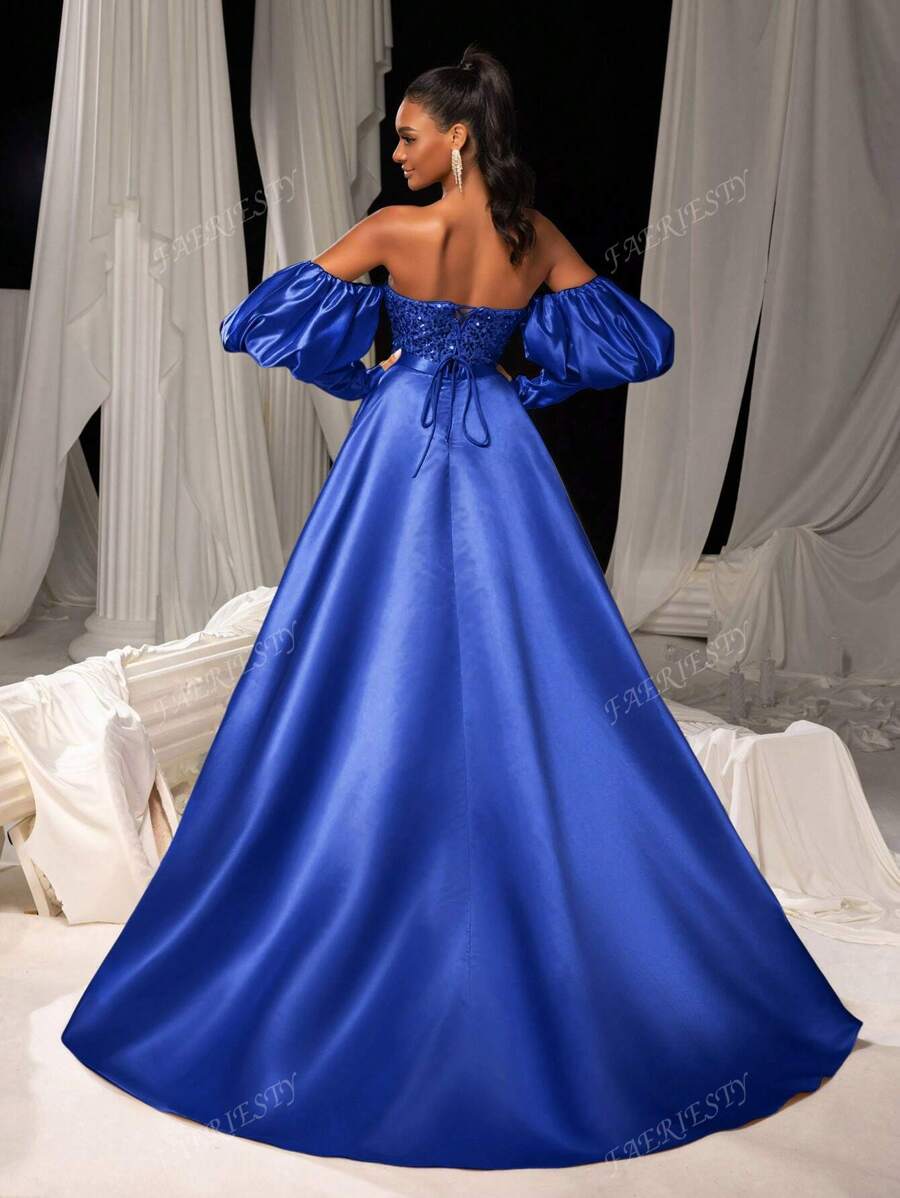 Faeriesty Gorgeous Puff Sleeves Mermaid Hem Satin Train Sequin Formal ...