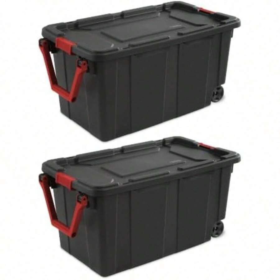 Set Of 2 Black 40 Gallon Industrial Tote Plastic Bins With Wheels ...