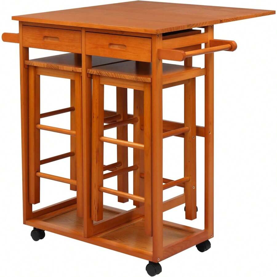Cart With 2 Square Stools And 2 Drawers Solid Wood Drop Leaf Table Easy Put Together | SHEIN USA