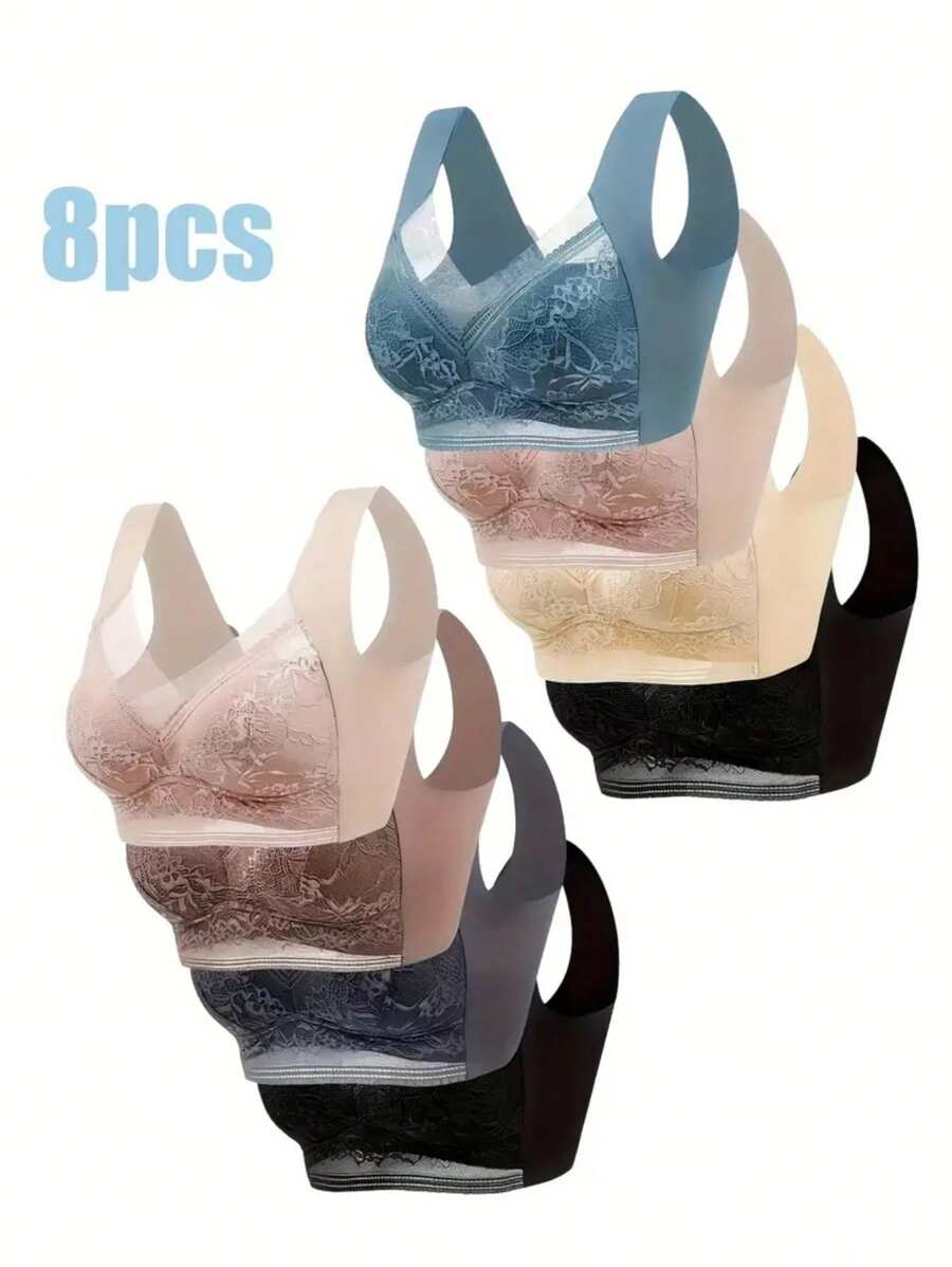 8-Piece Luxury Women's Lace Bra - Ice Silk Seamless Floral Print Bra ...