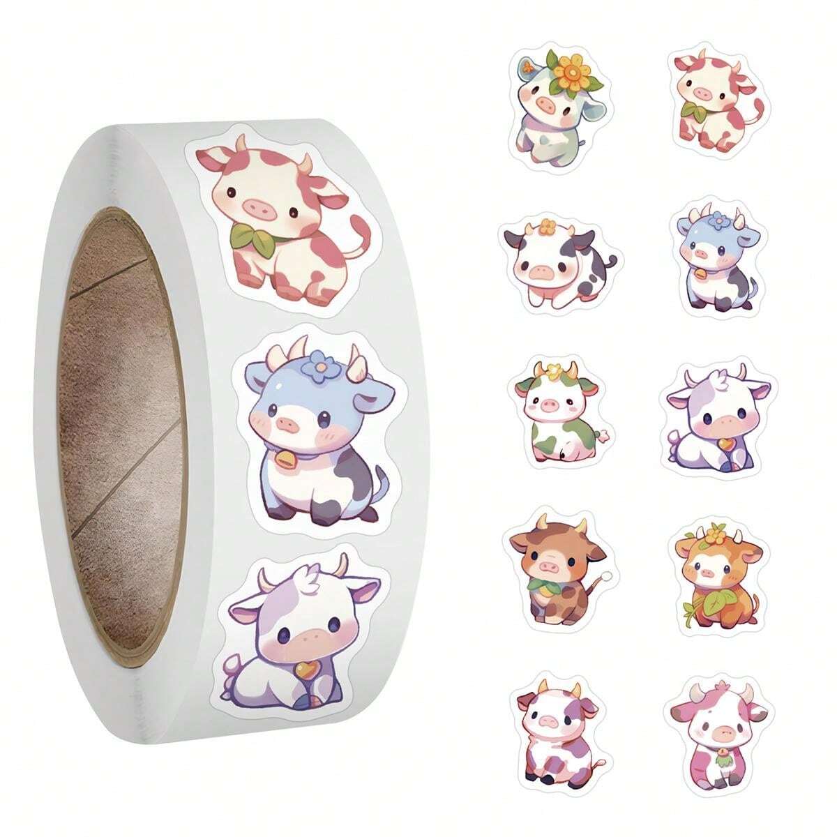 500Pcs Cute Cow Stickers Roll Pack | Vinyl Aesthetics Stickers For ...