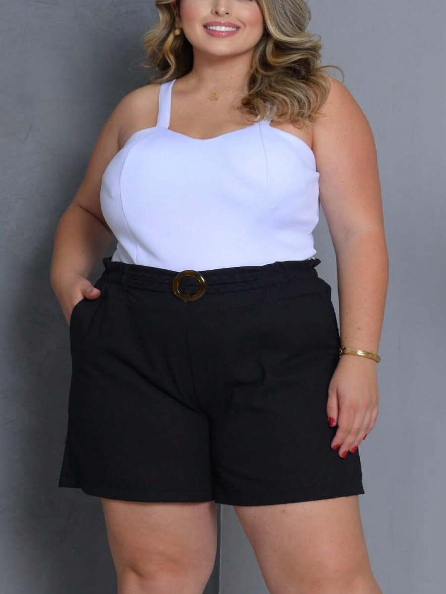 Plus Size Linen Shorts Braided With Buckle Trend 2024 | SHEIN USA