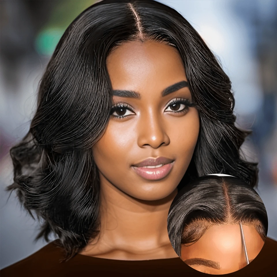 Body Wave Short Bob Wigs Human Hair 4x4 Lace Closure Black Color 180% ...