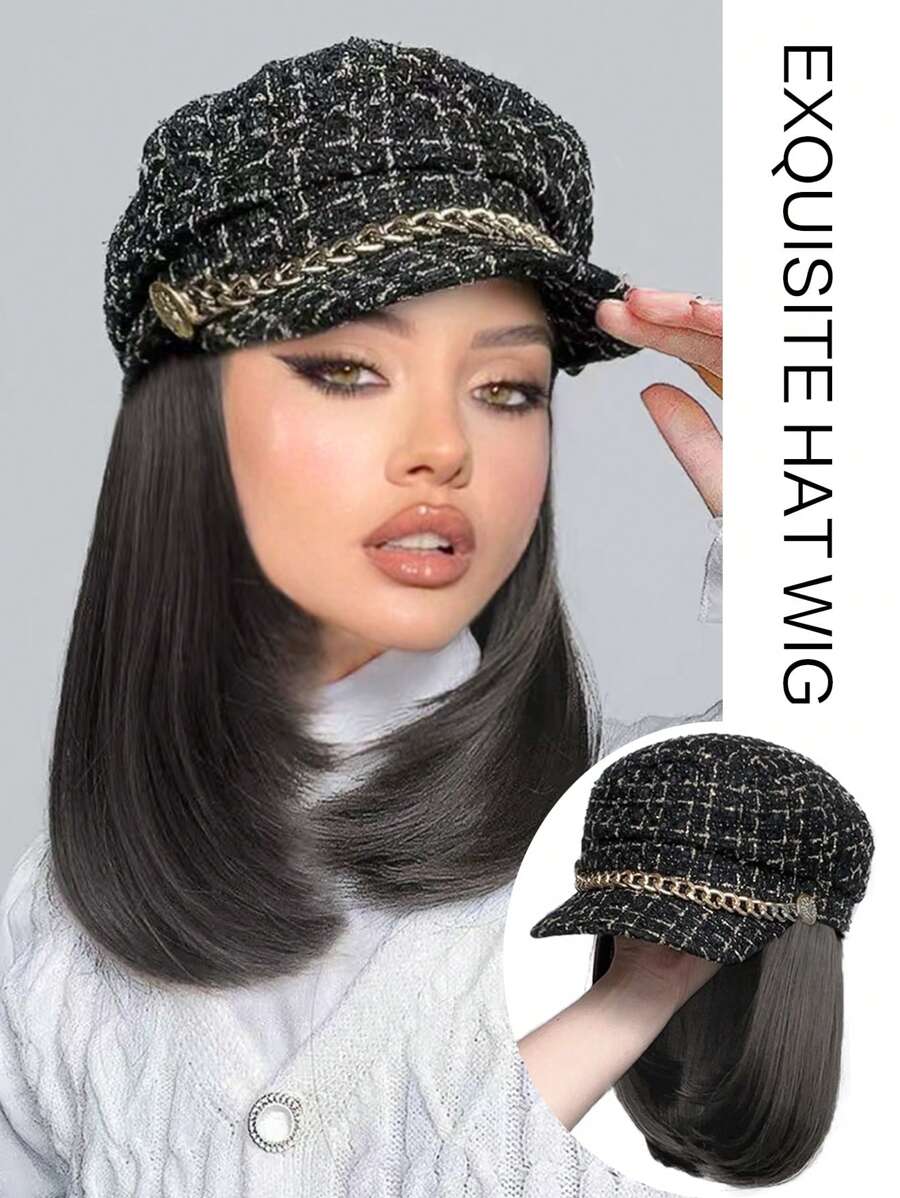 Synthetic Hat Wig Hat Integrated Female Autumn And Winter Black ...
