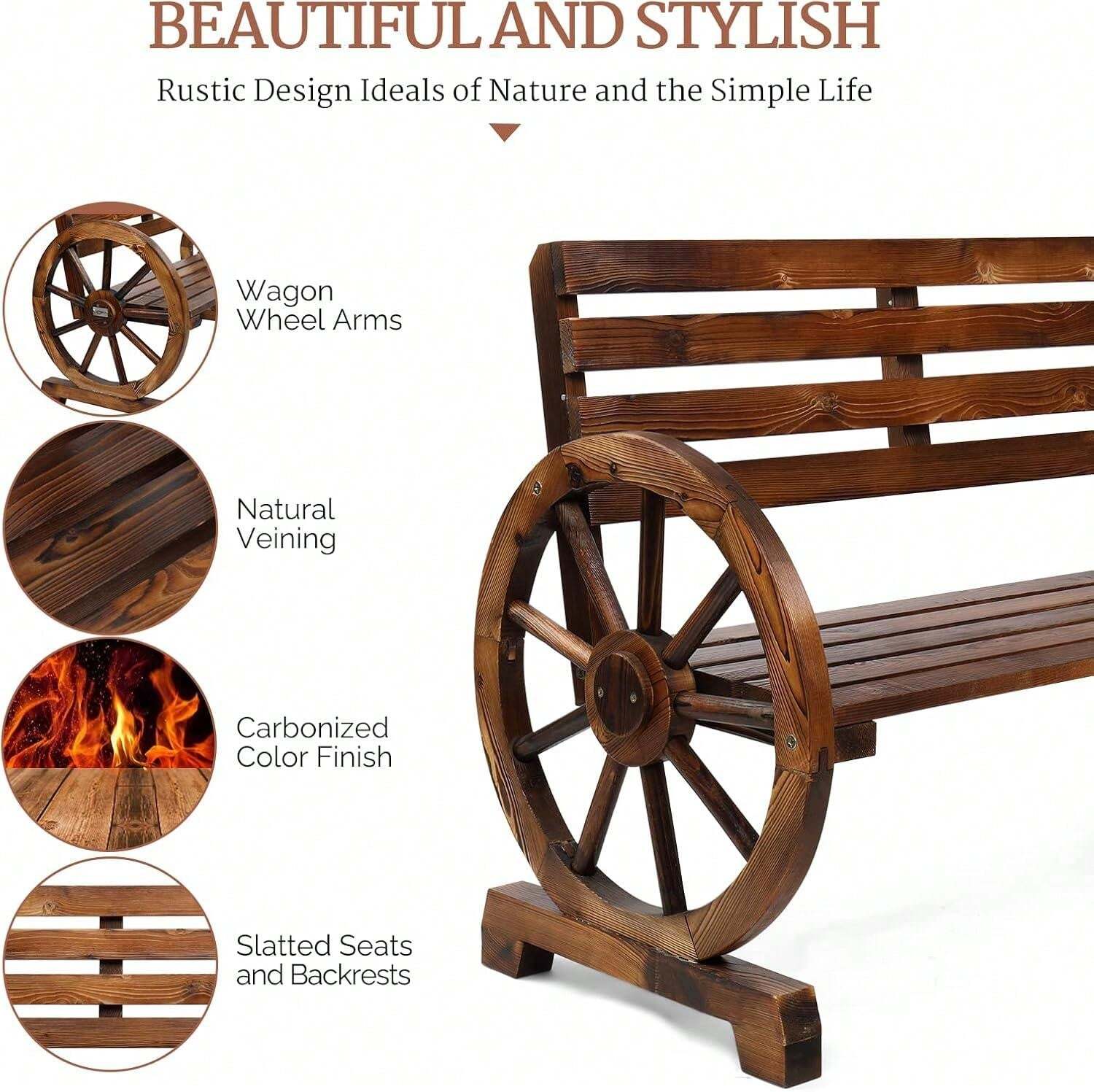 Wooden Wheel Bench Outdoor Bench, 2-Person Patio Bench Wagon Slatted ...