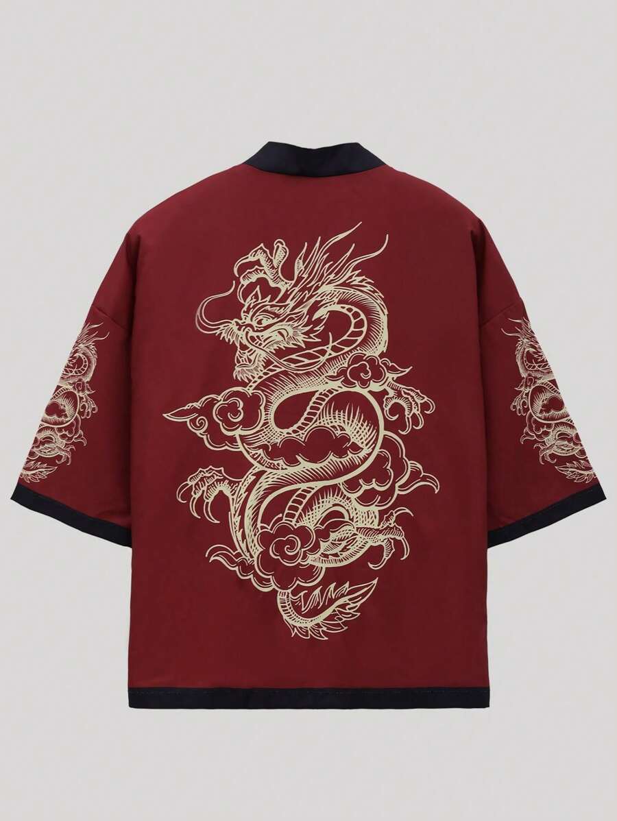 Men's Autum Japanese Style Dragon Pattern Red Base Haori Jacket | SHEIN