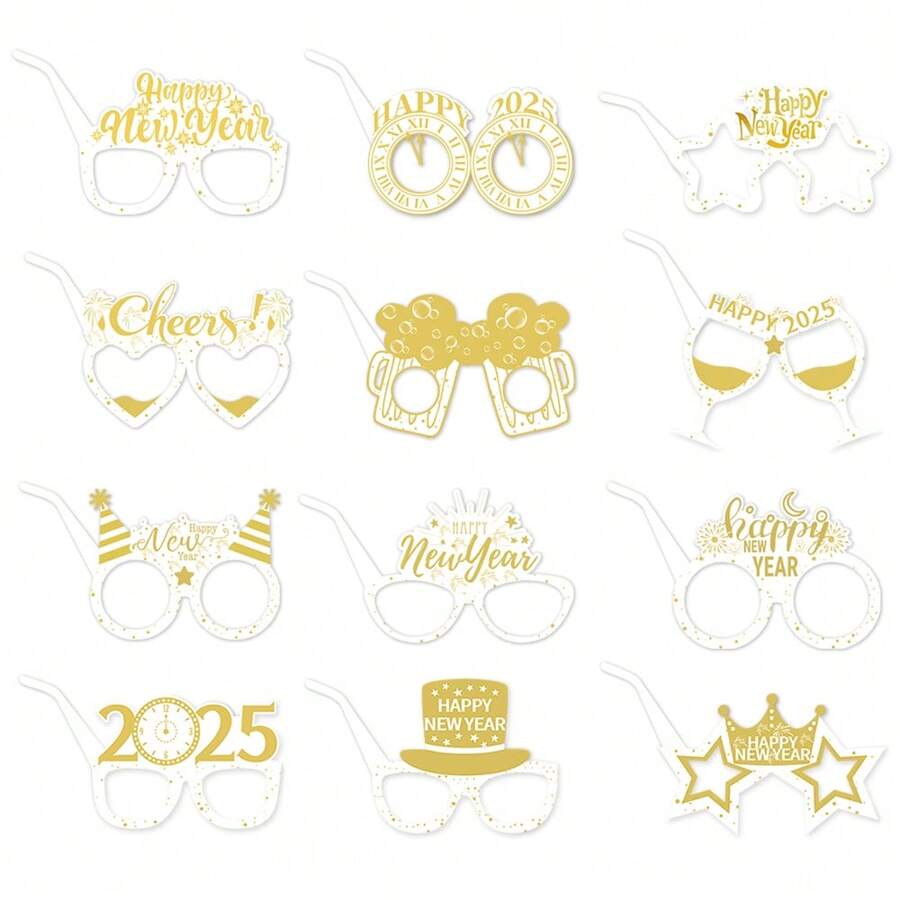 12PCS 2025 New Year Paper Glasses, White And Gold Star Timepiece Design ...