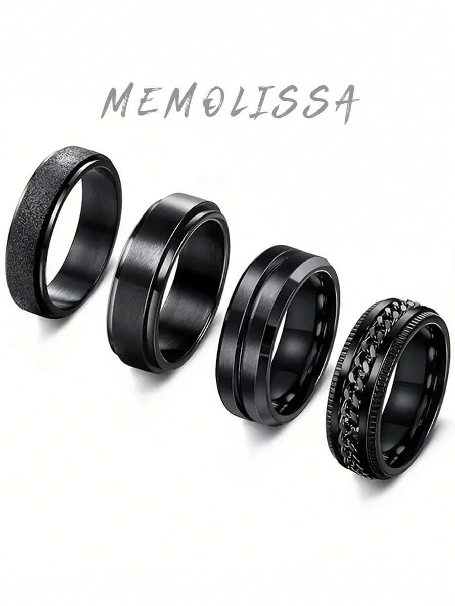 4pcs/Set Black Titanium Steel Rotatable Rings, Unisex Chain Spin Rings ...