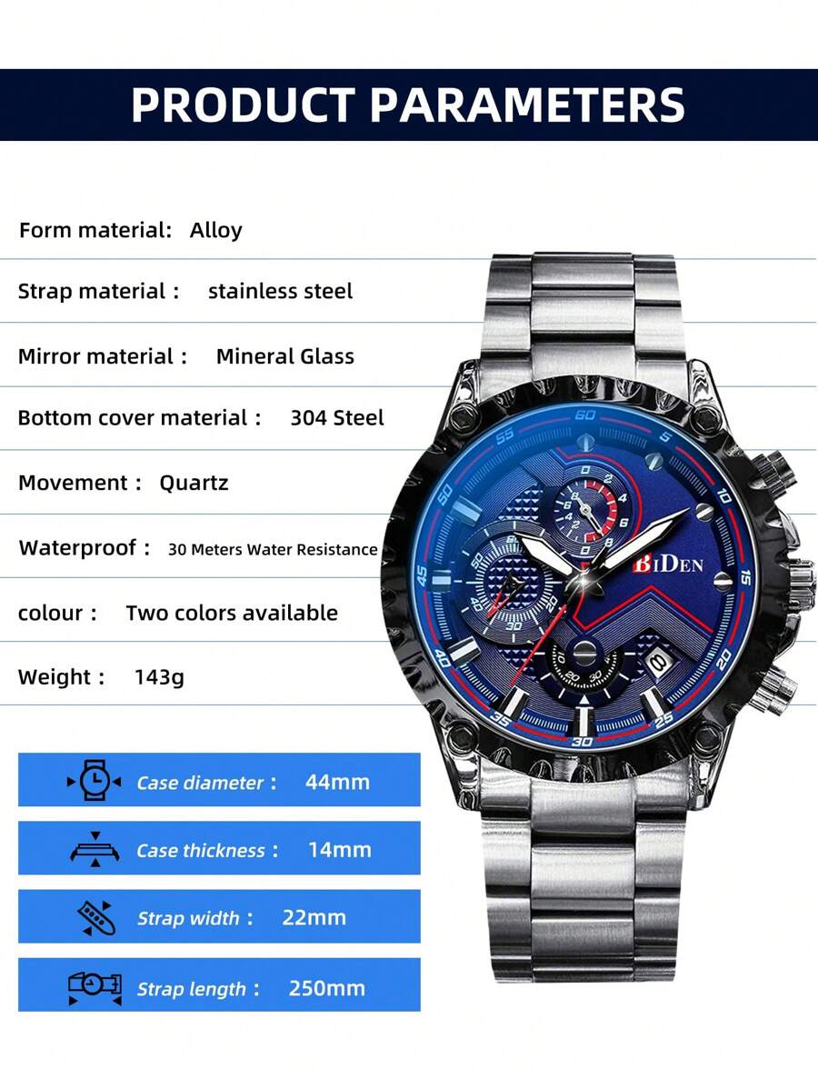 BIDEN Trendy Design Men's Watch Six Pin Chronograph Waterproof Luminous ...