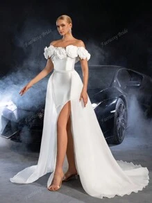 Faeriesty Elegant Stereo Flower Decorated Off Shoulder Split Satin Wedding Dress, White Formal ...