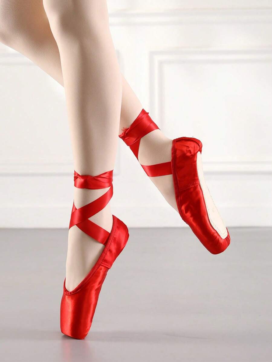 Women's Pointe Ballet Dance Shoes Red Satin Ballet Slippers With Ribbons Dancing Flats | SHEIN UK