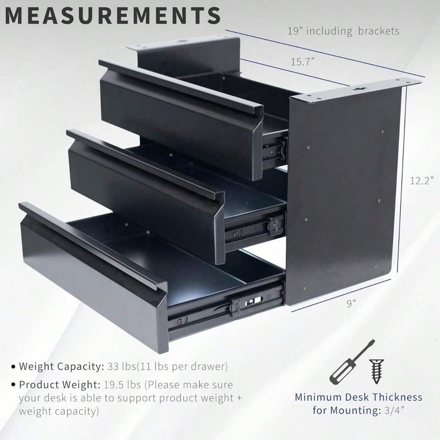 16 Inch Under Desk Mounted Sliding Pull-Out 3 Level Drawer Set For ...