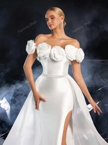 Faeriesty Elegant Stereo Flower Decorated Off Shoulder Split Satin Wedding Dress, White Formal ...
