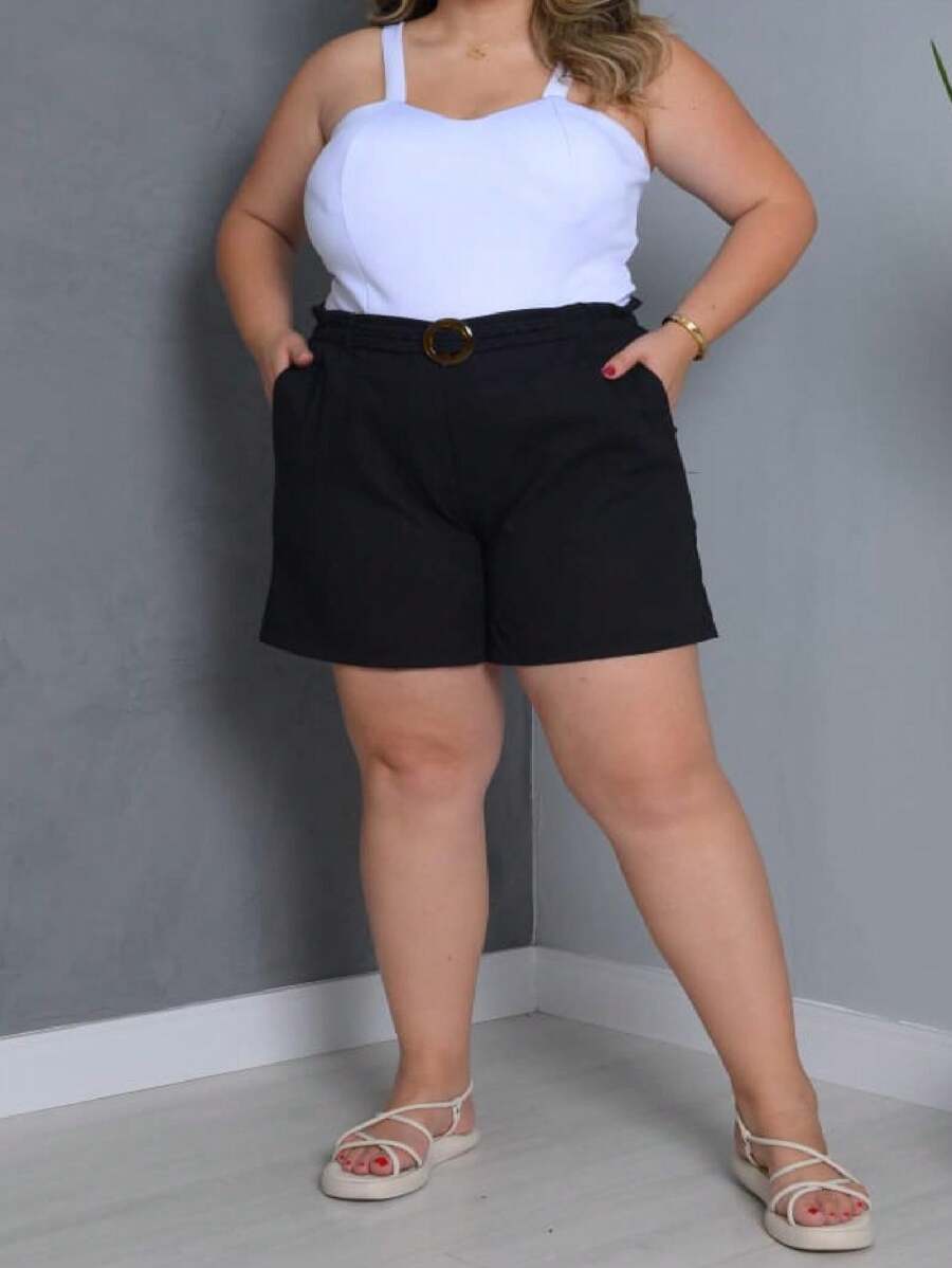 Plus Size Linen Shorts Braided With Buckle Trend 2024 | SHEIN USA