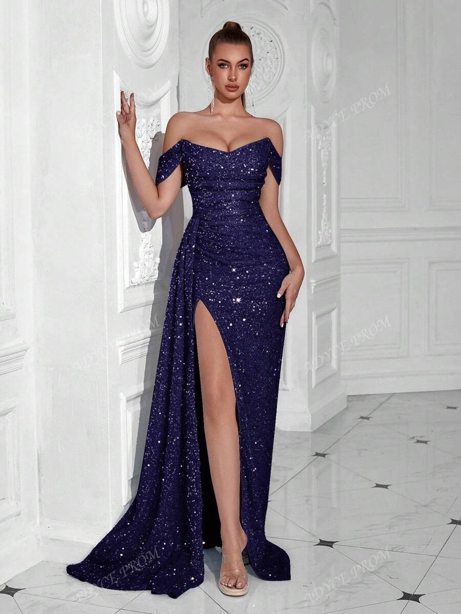 ADYCE Women's Off Shoulder Ruched High Slit Party Maxi Dress Suitable For Dancing Cocktail Party ...