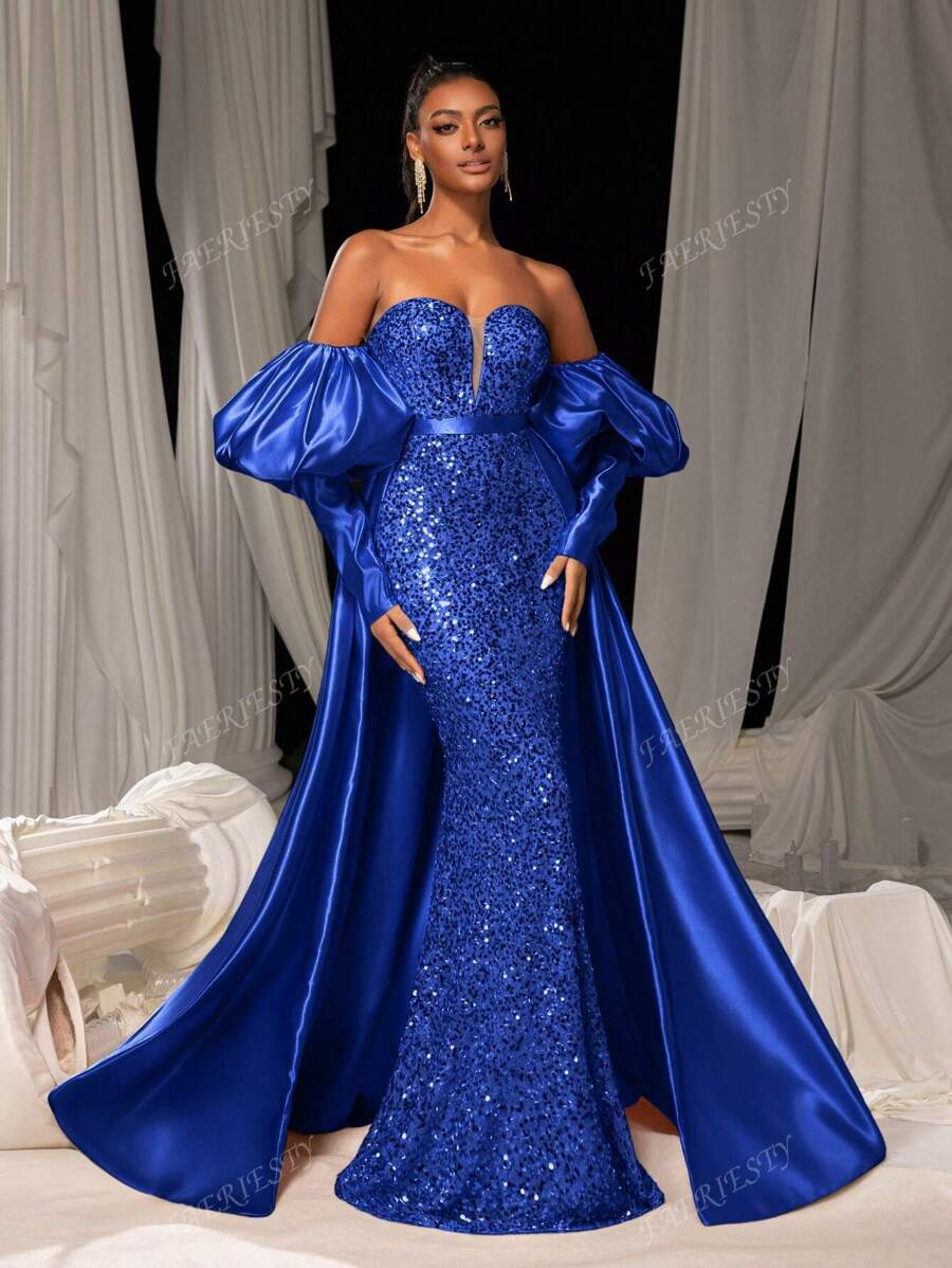 Faeriesty Gorgeous Puff Sleeves Mermaid Hem Satin Train Sequin Formal Prom Dress | SHEIN UK
