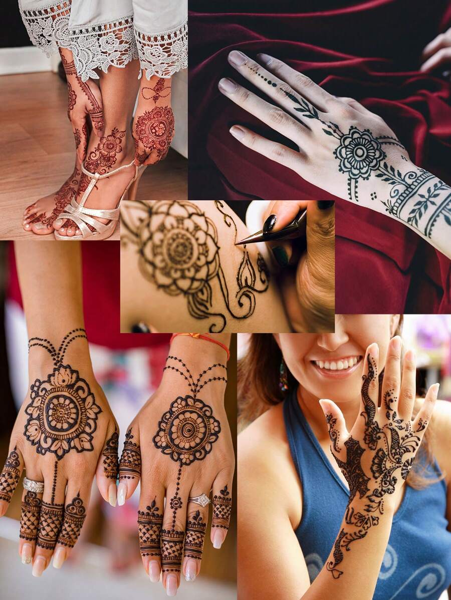 2 Pcs Henna Tattoo Paste + 2 Pcs Hollow Hands Stencil Combo Set, Floral ...