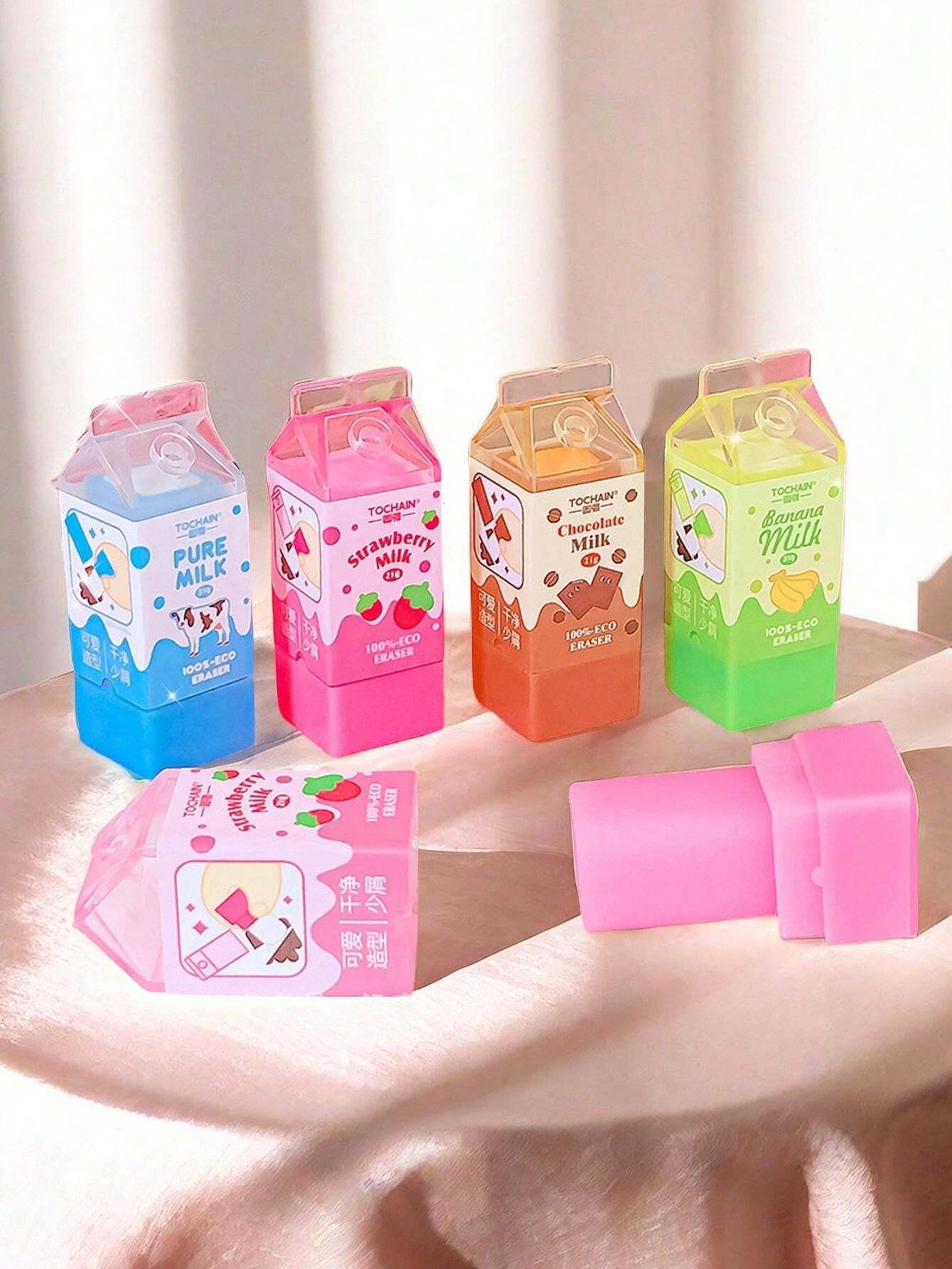 1pc Cartoon Milk Shaped Eraser, Random Color, Cute Student Stationery ...