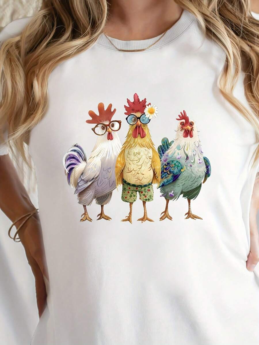 Stylized Chickens Print Crew Neck T-Shirt, Casual Short Sleeve Top For ...