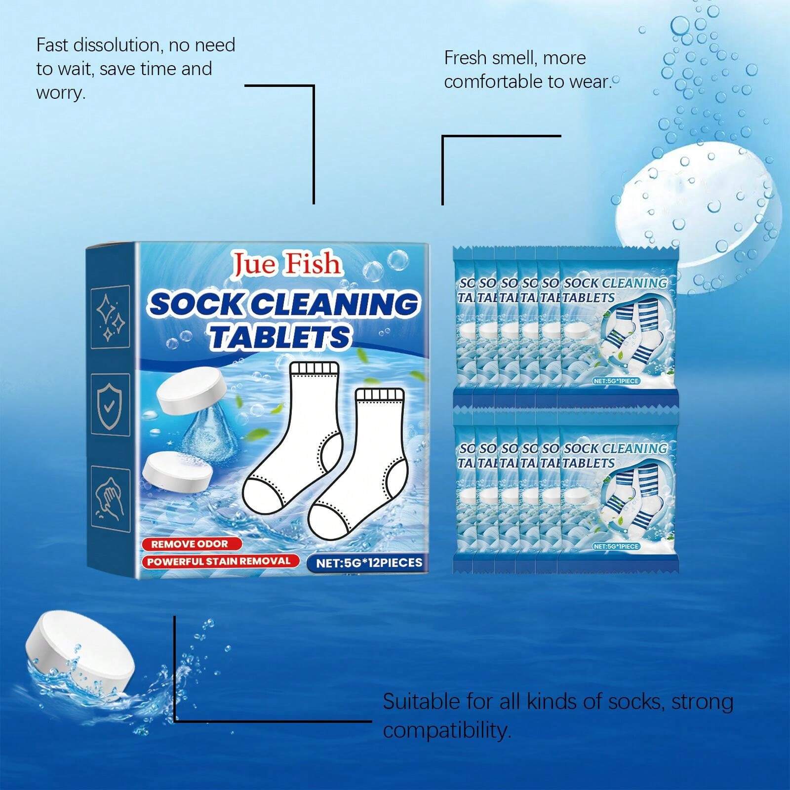 JUE FISH טבליות תוססות לניקוי גרביים מנקות בעדינות לכלוך וכתמים עקשניים ...