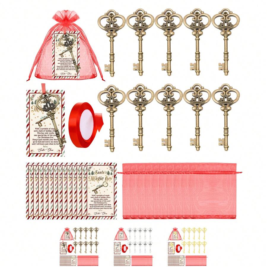 10 Santa Claus Magic Keys Set With Cards, Organza Bag, Roll Of Ribbon ...