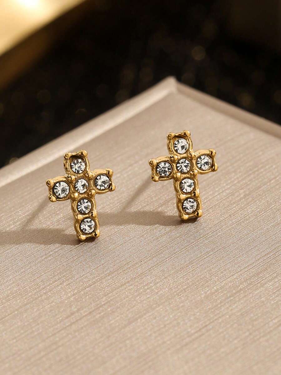 1 Pair Stainless Steel Fashion Niche Vintage 18K Gold-Plated Micro-Inlaid Diamond Cross Stud ...