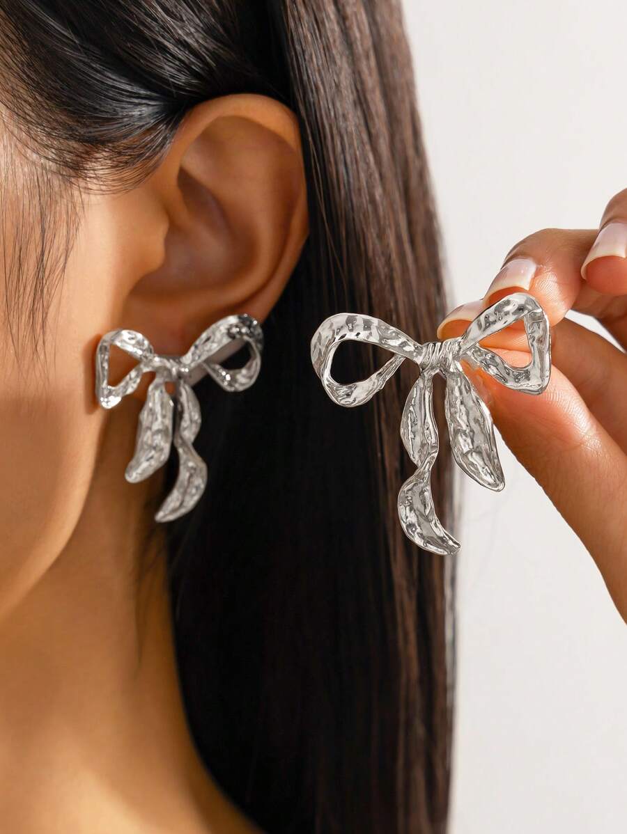 1 Pair Vintage Elegant Gold & Silver Bow Earrings, Women's Metal Ribbon Stud Earrings Gift ...