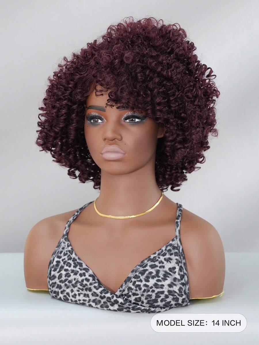 7JHH WIGS Wine Red Short Kinky Curly Wigs Burgundy Side Part Wig Afro ...